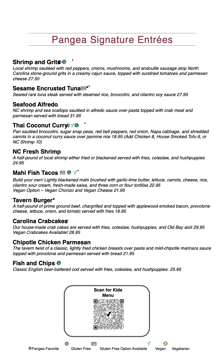 Menu - Pangea Tavern